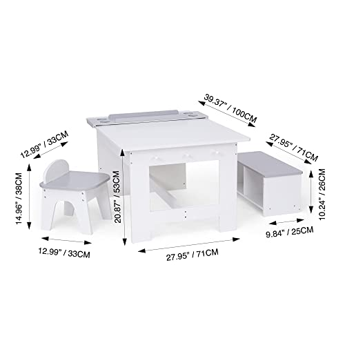 Fantasy Fields Little Monet Art Table with Built-in Paint Tray, Paper Roll Holder, Storage Hooks, Bench with Shelves, & Stool, White/Gray