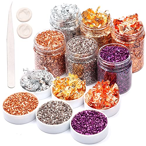 Crushed Glass and Gold Foil Flakes for Resin, 6 Box Irregular Glitter Metallic Flakes and Metallic Chips with Tweezers for DIY Resin Geode Craft and Nail Art Decorations