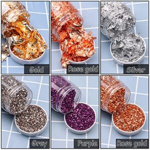 Crushed Glass and Gold Foil Flakes for Resin, 6 Box Irregular Glitter Metallic Flakes and Metallic Chips with Tweezers for DIY Resin Geode Craft and Nail Art Decorations