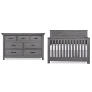 evolur belmar double dresser in rustic grey, 54x20.25x33 inch (pack of 1) & belmar flat 5-in-1 convertible crib in rustic grey, greenguard gold certified