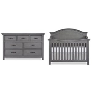 evolur belmar double dresser in rustic grey, 54x20.25x33 inch (pack of 1) & belmar curve 5-in-1 convertible crib in rustic grey