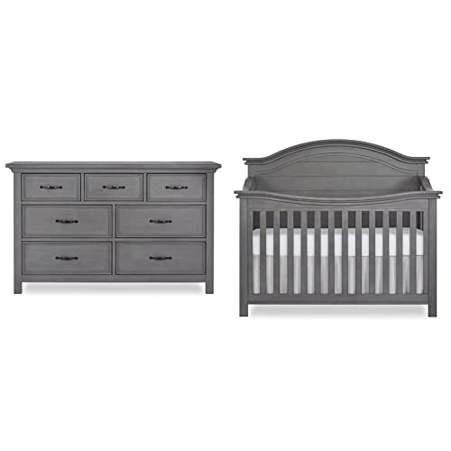 Evolur Belmar Double Dresser in Rustic Grey, 54x20.25x33 Inch (Pack of 1) & Belmar Curve 5-in-1 Convertible Crib in Rustic Grey