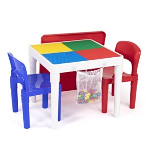 Humble Crew, White/Blue/Red Kids 2-in-1 Plastic Building Blocks-Compatible Activity Table and 2 Chairs Set, Square, Toddler & White/Primary Kids' Toy Storage Organizer with 12 Plastic Bins