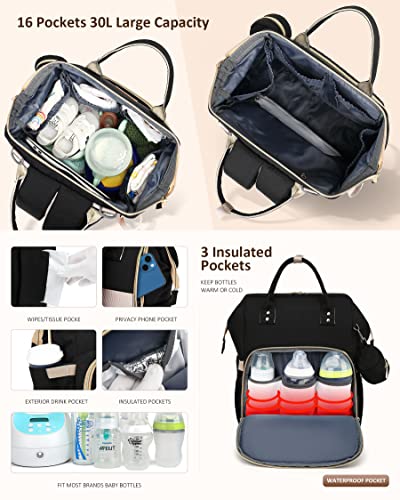 Baby Diaper Bag Backpack with Changing Pad, Pacifier Case - Black Diaper Bags for Girl Boy Newborn Unisex Infant Toddler - Baby Travel Bag for Mom Dad - Registry Baby Shower Gifts, 30L Large Capacity