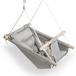 baby swing indoor and outdoor, canvas hammock swing for baby to toddler with a comfortable seat, macaroon wooden toy, adjustable 5-point harness,3 modes,gift for baby boys girls, grey