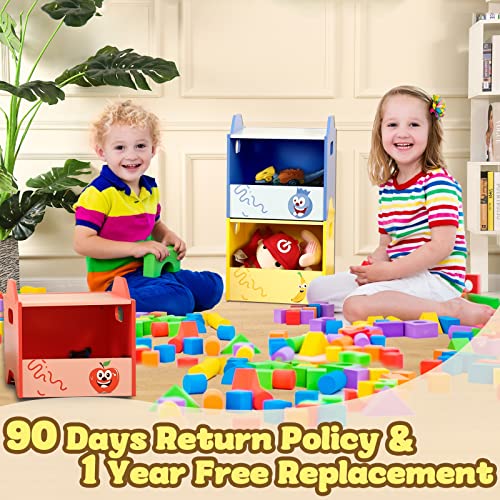 FUNLIO Stackable Wooden Toy Box with Lid (3pcs), 2-in-1 Toy Chest & Stool, Colorful Fruit Design Toy Chest for Boys/Girls, Cute Small Toy Storage Bins for Living Room/Bedroom, Easy to Carry & Assemble