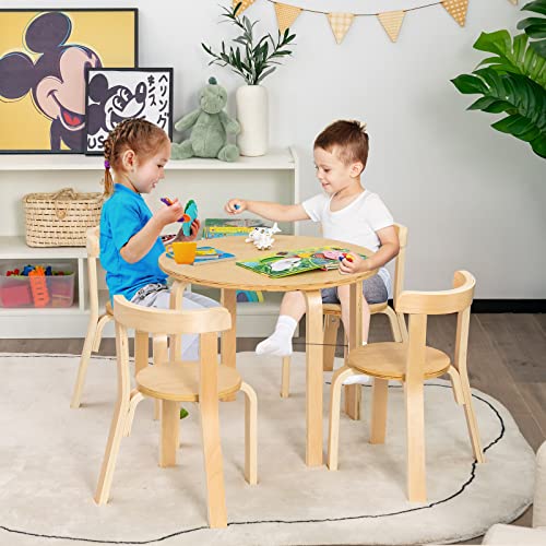 HONEY JOY Kids Table and Chair Set, Bentwood Toddler Round Table and 4 Chairs for Craft Art, Building Block, 5-Piece Children Furniture Set for Daycare, Kindergarten, Playroom (Natural)