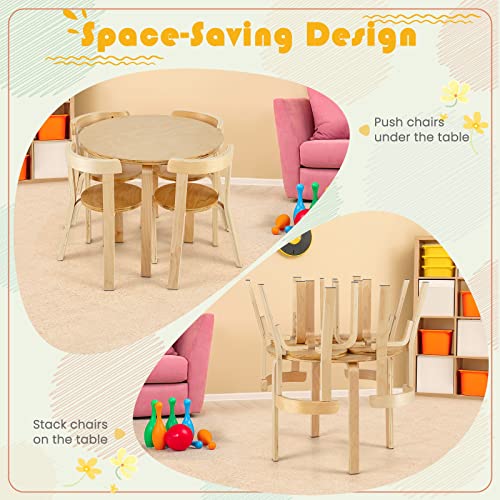 HONEY JOY Kids Table and Chair Set, Bentwood Toddler Round Table and 4 Chairs for Craft Art, Building Block, 5-Piece Children Furniture Set for Daycare, Kindergarten, Playroom (Natural)