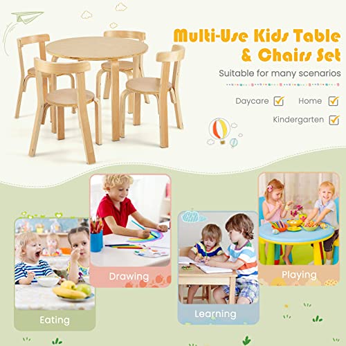 HONEY JOY Kids Table and Chair Set, Bentwood Toddler Round Table and 4 Chairs for Craft Art, Building Block, 5-Piece Children Furniture Set for Daycare, Kindergarten, Playroom (Natural)