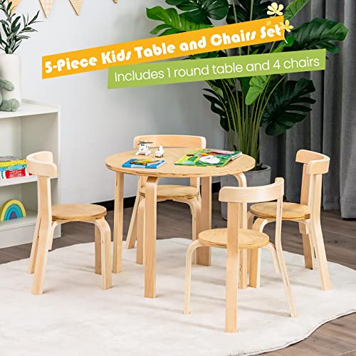 HONEY JOY Kids Table and Chair Set, Bentwood Toddler Round Table and 4 Chairs for Craft Art, Building Block, 5-Piece Children Furniture Set for Daycare, Kindergarten, Playroom (Natural)