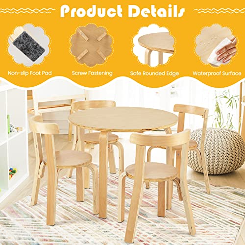 HONEY JOY Kids Table and Chair Set, Bentwood Toddler Round Table and 4 Chairs for Craft Art, Building Block, 5-Piece Children Furniture Set for Daycare, Kindergarten, Playroom (Natural)