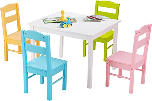 HONEY JOY Kids Table and Chair Set, Wooden Toddler Table and 4 Chairs for Arts & Crafts, Snack Time, 5-Piece Children Furniture Set for Daycare, Kindergarten, Playroom, Gift for Boys Girls (Colorful)