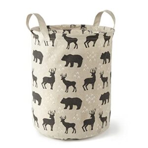 levtex baby - logan nursery hamper - round fabric storage hamper - bears and deers - taupe and black - nursery accessories - size: 14 x 19in.