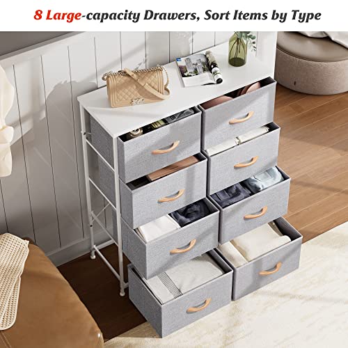 Nicehill Dresser for Bedroom with 8 Drawers, Tall Dresser Fabric Dresser for Kids Room, Closet, Nursery, Baby, Chest of Drawers Bedroom Dresser, Closet Organizer with Storage Drawers, Light Grey