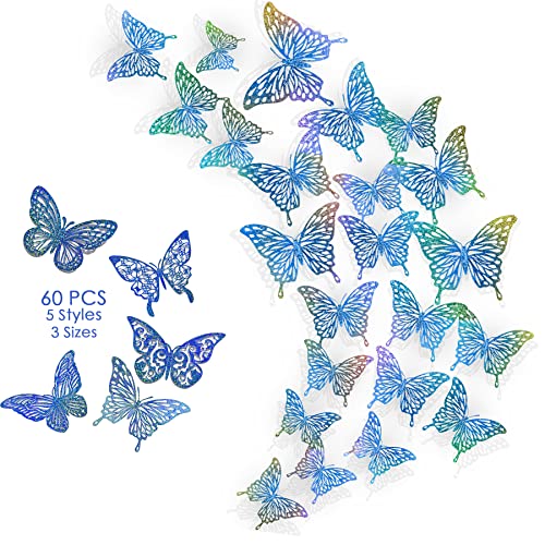 Formano 3D Butterfly Wall Decor, 60 Pcs 5 Styles 3 Sizes All-Round Upgraded Design Glittering Sparkling Rainbow Shinny Butterfly Decorations with Traceless Stickers -Blue