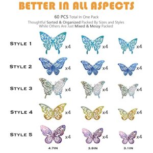 Formano 3D Butterfly Wall Decor, 60 Pcs 5 Styles 3 Sizes All-Round Upgraded Design Glittering Sparkling Rainbow Shinny Butterfly Decorations with Traceless Stickers -Blue