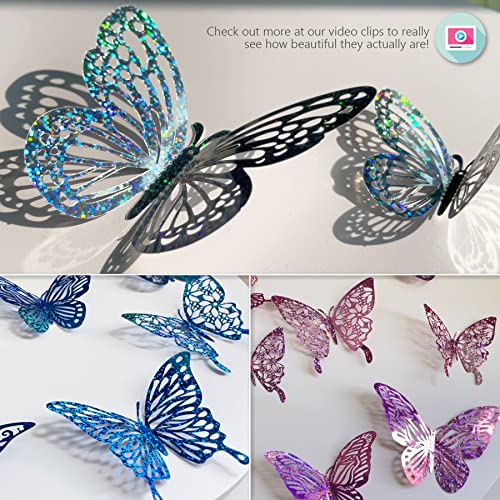 Formano 3D Butterfly Wall Decor, 60 Pcs 5 Styles 3 Sizes All-Round Upgraded Design Glittering Sparkling Rainbow Shinny Butterfly Decorations with Traceless Stickers -Blue