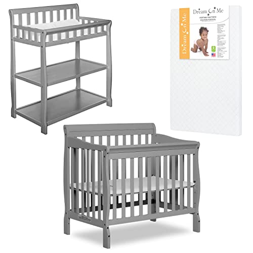 Dream On Me Nursery Essentials Bundle of Dream On Me Aden Convertible 4-in-1 Mini Crib, Dream On Me Ashton Changing-Table, with a Dream On Me Sunset 3” Extra Firm Fiber Portable Crib Mattress