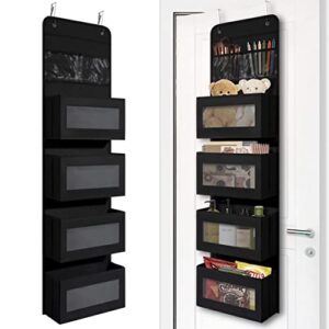 heavy duty over door organizer, wall mount hanging organizer storage with 4 large capacity pockets, closet bathroom nursery bedroom dorm, toys cosmetics sundries and baby essentials, black