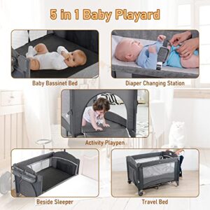 Jaoul Baby Bassinet Bedside Sleeper Baby Crib, Pack and Play with Bassinet and Changing Table, Portable Travel Baby Playpen with Bassinet Toys & Music Box, Mattress for Girl Boy Infant Newborn Gray