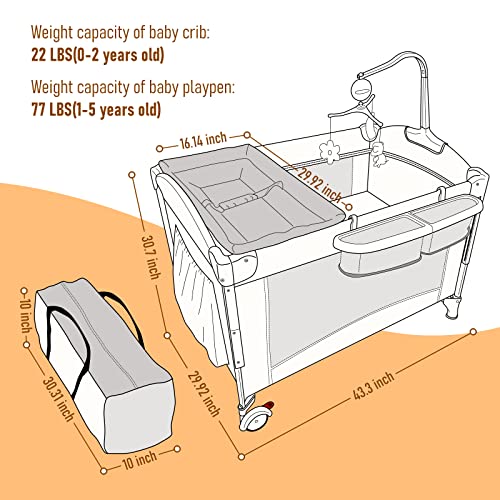 Jaoul Baby Bassinet Bedside Sleeper Baby Crib, Pack and Play with Bassinet and Changing Table, Portable Travel Baby Playpen with Bassinet Toys & Music Box, Mattress for Girl Boy Infant Newborn Gray