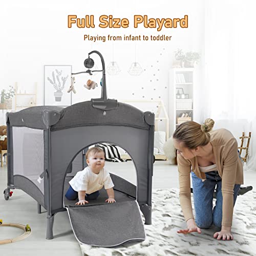 Jaoul Baby Bassinet Bedside Sleeper Baby Crib, Pack and Play with Bassinet and Changing Table, Portable Travel Baby Playpen with Bassinet Toys & Music Box, Mattress for Girl Boy Infant Newborn Gray