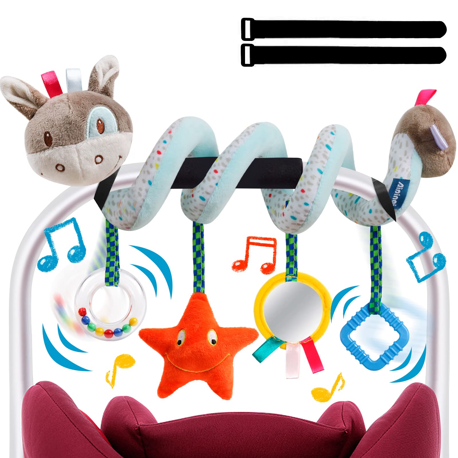 Baby Car Seat Toys Activity Stroller Toy for Boys Girls 0 3 6 9 10 12 Months, Spiral Hanging Plush Toys Mobile for Stroller Bassinet Crib Baby Carrier