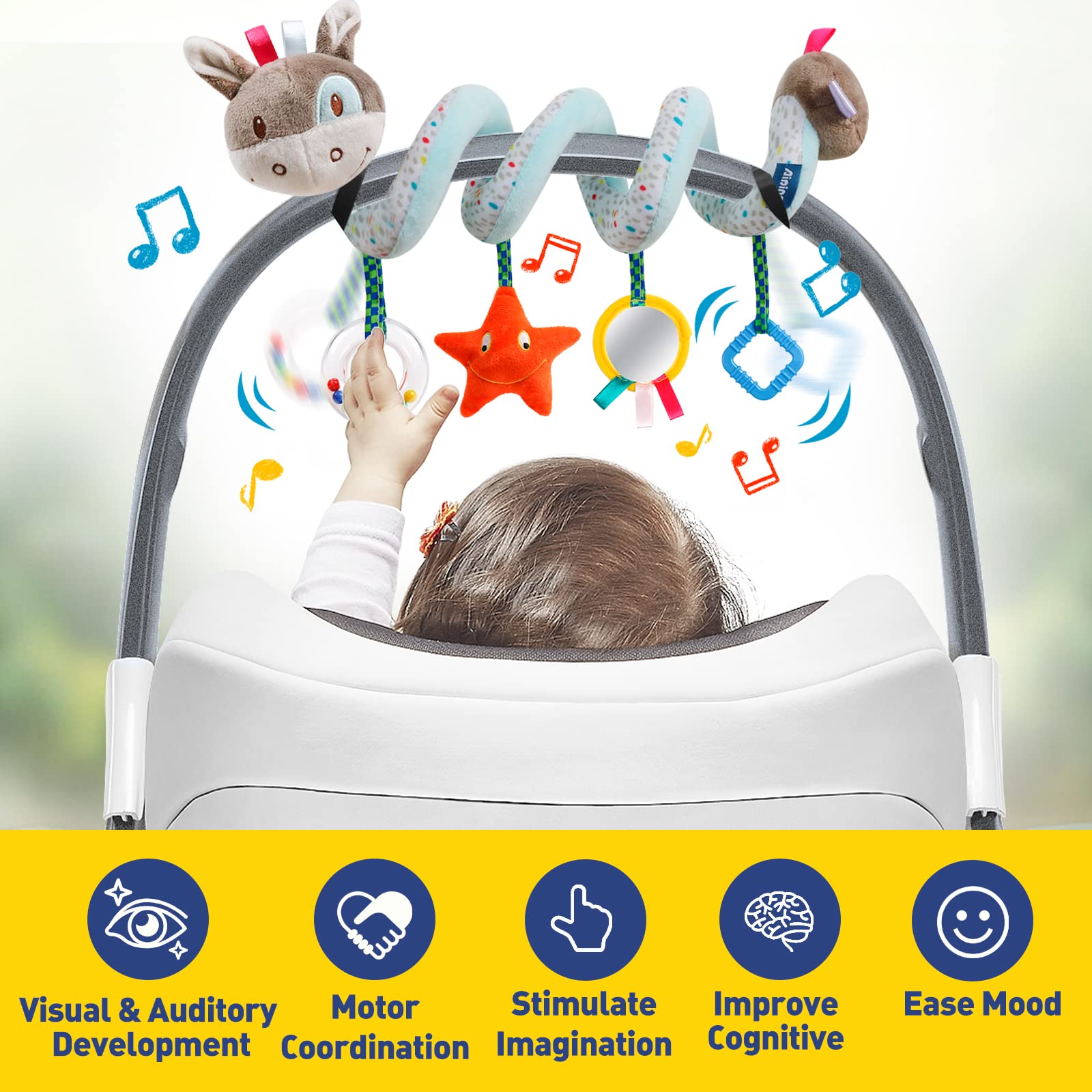 Baby Car Seat Toys Activity Stroller Toy for Boys Girls 0 3 6 9 10 12 Months, Spiral Hanging Plush Toys Mobile for Stroller Bassinet Crib Baby Carrier