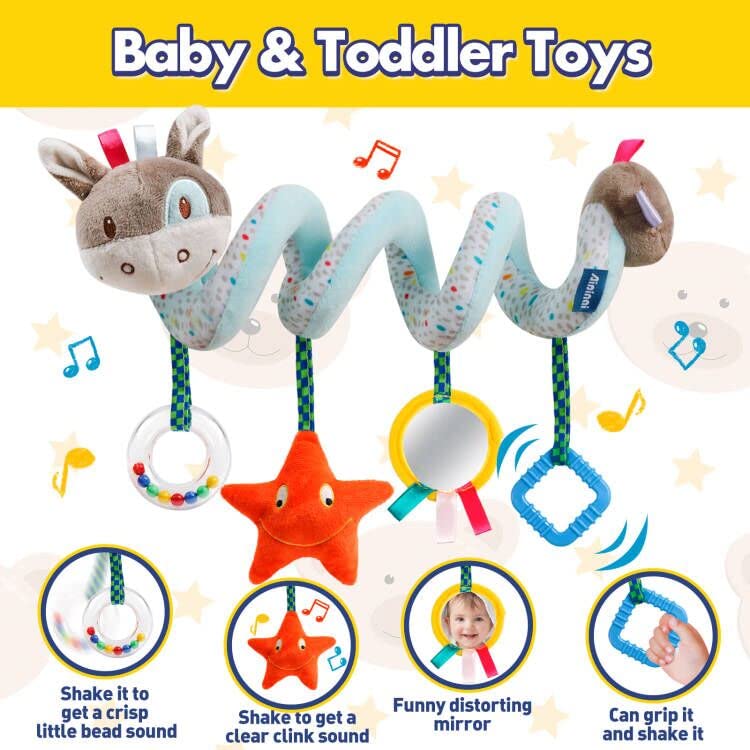 Baby Car Seat Toys Activity Stroller Toy for Boys Girls 0 3 6 9 10 12 Months, Spiral Hanging Plush Toys Mobile for Stroller Bassinet Crib Baby Carrier