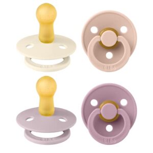 bibs pacifiers - colour 4 pack | round nipple baby pacifier | bpa free natural rubber latex soother | made in denmark | size 6-18 months | girl colors