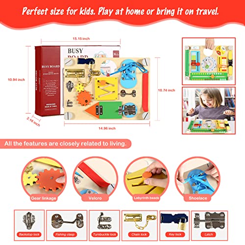 Smartwo Double-Sided Busy Board, 20+ Montessori Activities Wooden Sensory Toy for Preschool Educational Learning, Train Kid’s Fine Motor, Concentration, and Life Skill Abilities