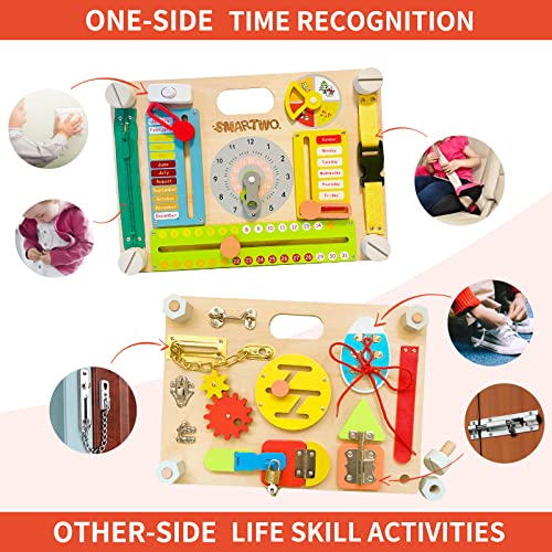 Smartwo Double-Sided Busy Board, 20+ Montessori Activities Wooden Sensory Toy for Preschool Educational Learning, Train Kid’s Fine Motor, Concentration, and Life Skill Abilities