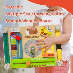 Smartwo Double-Sided Busy Board, 20+ Montessori Activities Wooden Sensory Toy for Preschool Educational Learning, Train Kid’s Fine Motor, Concentration, and Life Skill Abilities