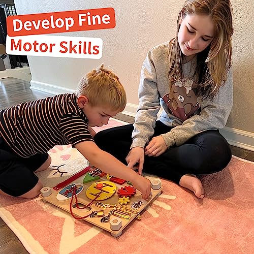 Smartwo Double-Sided Busy Board, 20+ Montessori Activities Wooden Sensory Toy for Preschool Educational Learning, Train Kid’s Fine Motor, Concentration, and Life Skill Abilities