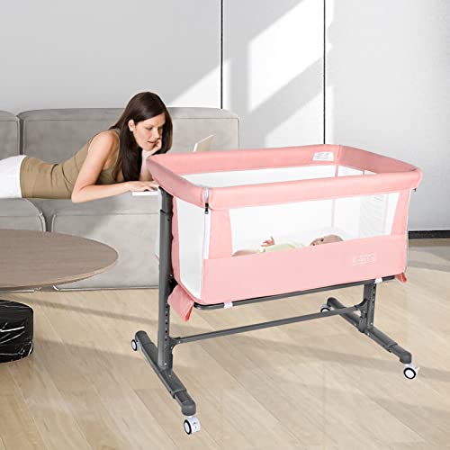 Kinder King Baby Bassinet w/Wheels, Folding Portable Newborn Bedside Sleeper, All-Sided Mesh Infant Crib, Adjustable Height/Angle, Removable Soft Mattress, No Tool to Assemble, Pink