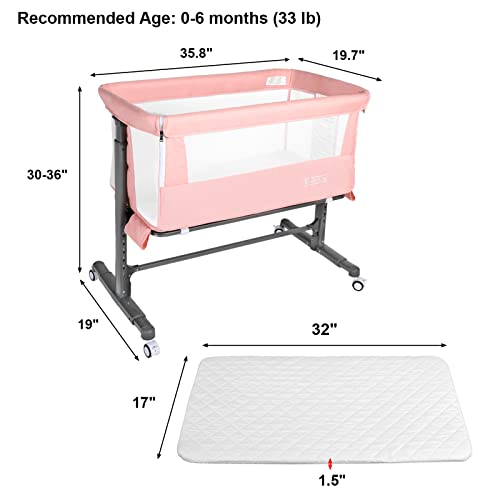 Kinder King Baby Bassinet w/Wheels, Folding Portable Newborn Bedside Sleeper, All-Sided Mesh Infant Crib, Adjustable Height/Angle, Removable Soft Mattress, No Tool to Assemble, Pink