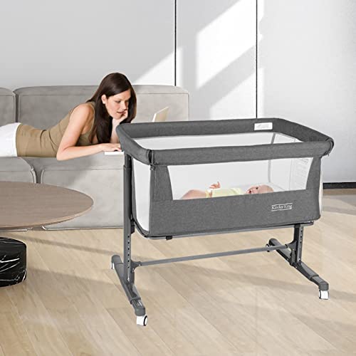 Kinder King Baby Bassinet w/Wheels, Folding Portable Newborn Bedside Sleeper, All-Sided Mesh Infant Crib, Adjustable Height/Angle, Removable Soft Mattress, No Tool to Assemble, Grey