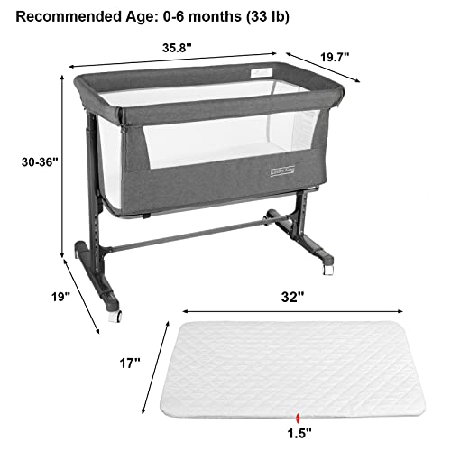 Kinder King Baby Bassinet w/Wheels, Folding Portable Newborn Bedside Sleeper, All-Sided Mesh Infant Crib, Adjustable Height/Angle, Removable Soft Mattress, No Tool to Assemble, Grey