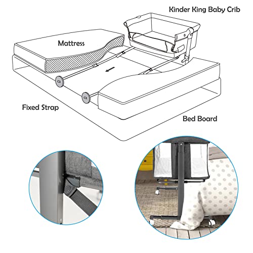 Kinder King Baby Bassinet w/Wheels, Folding Portable Newborn Bedside Sleeper, All-Sided Mesh Infant Crib, Adjustable Height/Angle, Removable Soft Mattress, No Tool to Assemble, Grey