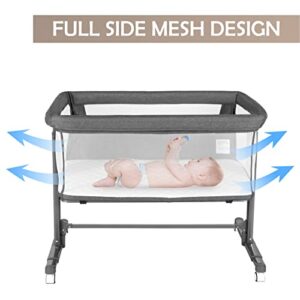 Kinder King Baby Bassinet w/Wheels, Folding Portable Newborn Bedside Sleeper, All-Sided Mesh Infant Crib, Adjustable Height/Angle, Removable Soft Mattress, No Tool to Assemble, Grey