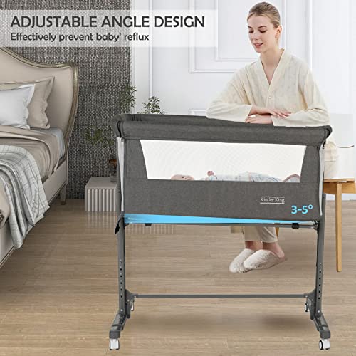 Kinder King Baby Bassinet w/Wheels, Folding Portable Newborn Bedside Sleeper, All-Sided Mesh Infant Crib, Adjustable Height/Angle, Removable Soft Mattress, No Tool to Assemble, Grey