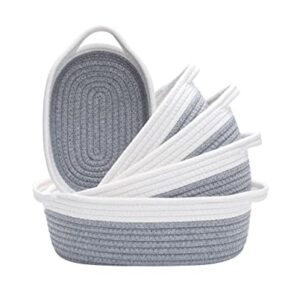 HNBQMX 5-Piece Rectangular Storage Basket Set-Natural Cotton Rope Woven Baskets for Organizing, Small Basket with Handles for Shelves, Toy Baskets, Basket for Storage, Storage Bin(White & Gray)