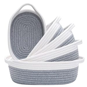 HNBQMX 5-Piece Rectangular Storage Basket Set-Natural Cotton Rope Woven Baskets for Organizing, Small Basket with Handles for Shelves, Toy Baskets, Basket for Storage, Storage Bin(White & Gray)