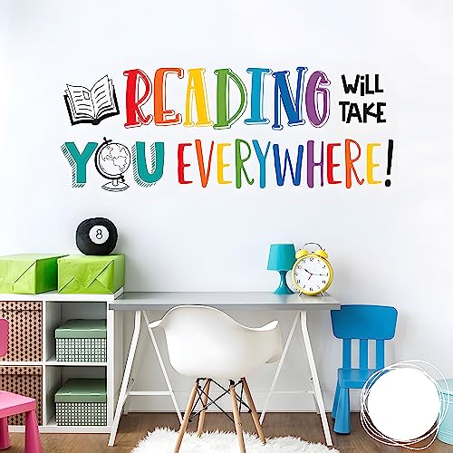 Reading Will Take You Everywhere Inspirational Quote Wall Decal Sticker, Motivational Phrase Nursery Decoration Classroom Bedroom Playroom Art, Kid Study Room Library Wall Sticker Decor