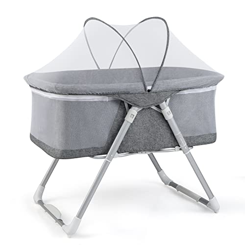 HONEY JOY Baby Bassinet, 2 in 1 Rocking Cradle Bassinet & Bedside Sleeper Bassinet, Quick-Fold Newborn Portable Bassinet w/Canopy & Mattress, Carry Bag, Travel Bassinet for Infant Girls Boys (Gray)