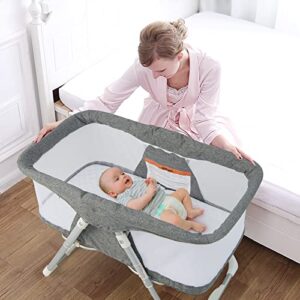 HONEY JOY Baby Bassinet, 2 in 1 Rocking Cradle Bassinet & Bedside Sleeper Bassinet, Quick-Fold Newborn Portable Bassinet w/Canopy & Mattress, Carry Bag, Travel Bassinet for Infant Girls Boys (Gray)