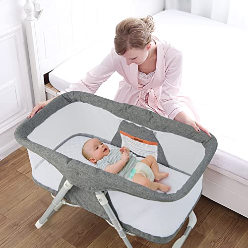 HONEY JOY Baby Bassinet, 2 in 1 Rocking Cradle Bassinet & Bedside Sleeper Bassinet, Quick-Fold Newborn Portable Bassinet w/Canopy & Mattress, Carry Bag, Travel Bassinet for Infant Girls Boys (Gray)