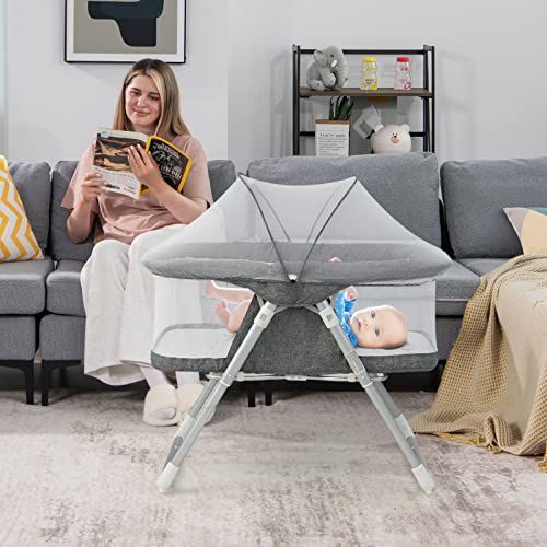 HONEY JOY Baby Bassinet, 2 in 1 Rocking Cradle Bassinet & Bedside Sleeper Bassinet, Quick-Fold Newborn Portable Bassinet w/Canopy & Mattress, Carry Bag, Travel Bassinet for Infant Girls Boys (Gray)