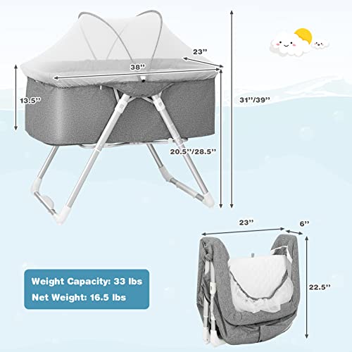 HONEY JOY Baby Bassinet, 2 in 1 Rocking Cradle Bassinet & Bedside Sleeper Bassinet, Quick-Fold Newborn Portable Bassinet w/Canopy & Mattress, Carry Bag, Travel Bassinet for Infant Girls Boys (Gray)