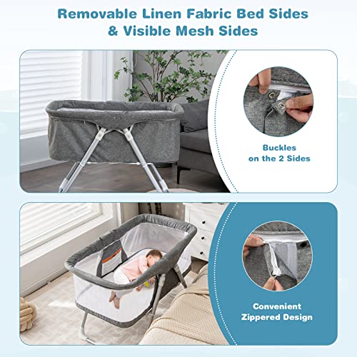 HONEY JOY Baby Bassinet, 2 in 1 Rocking Cradle Bassinet & Bedside Sleeper Bassinet, Quick-Fold Newborn Portable Bassinet w/Canopy & Mattress, Carry Bag, Travel Bassinet for Infant Girls Boys (Gray)